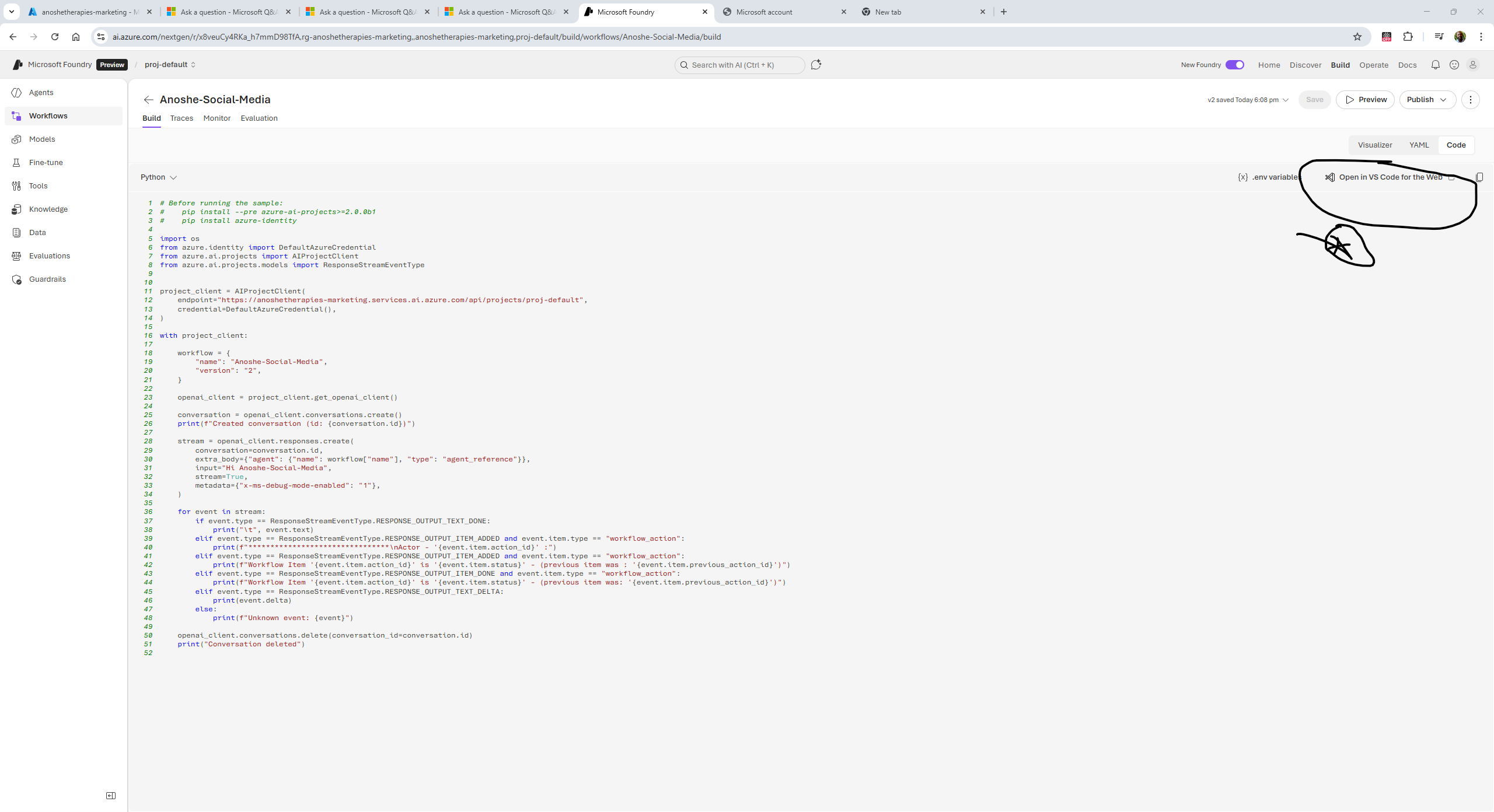 I am trying to open my MS foundry agent workflow in vscode for the web ...