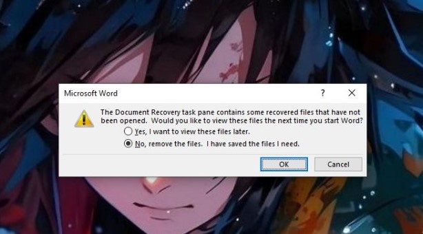 Office (Word). The document recovery task pane contains somoe recoverd ...
