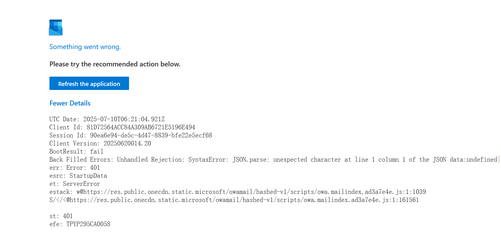 Outlook online erroring out on every browser with unhandled rejection error - Microsoft Q&A