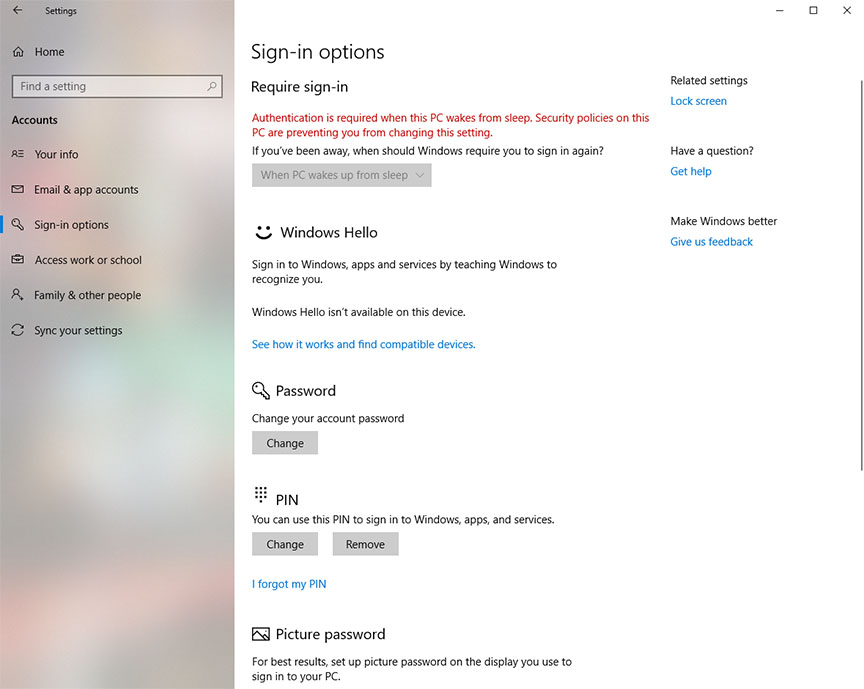 Unable to change Sign-in options. Authentication is required when this ...