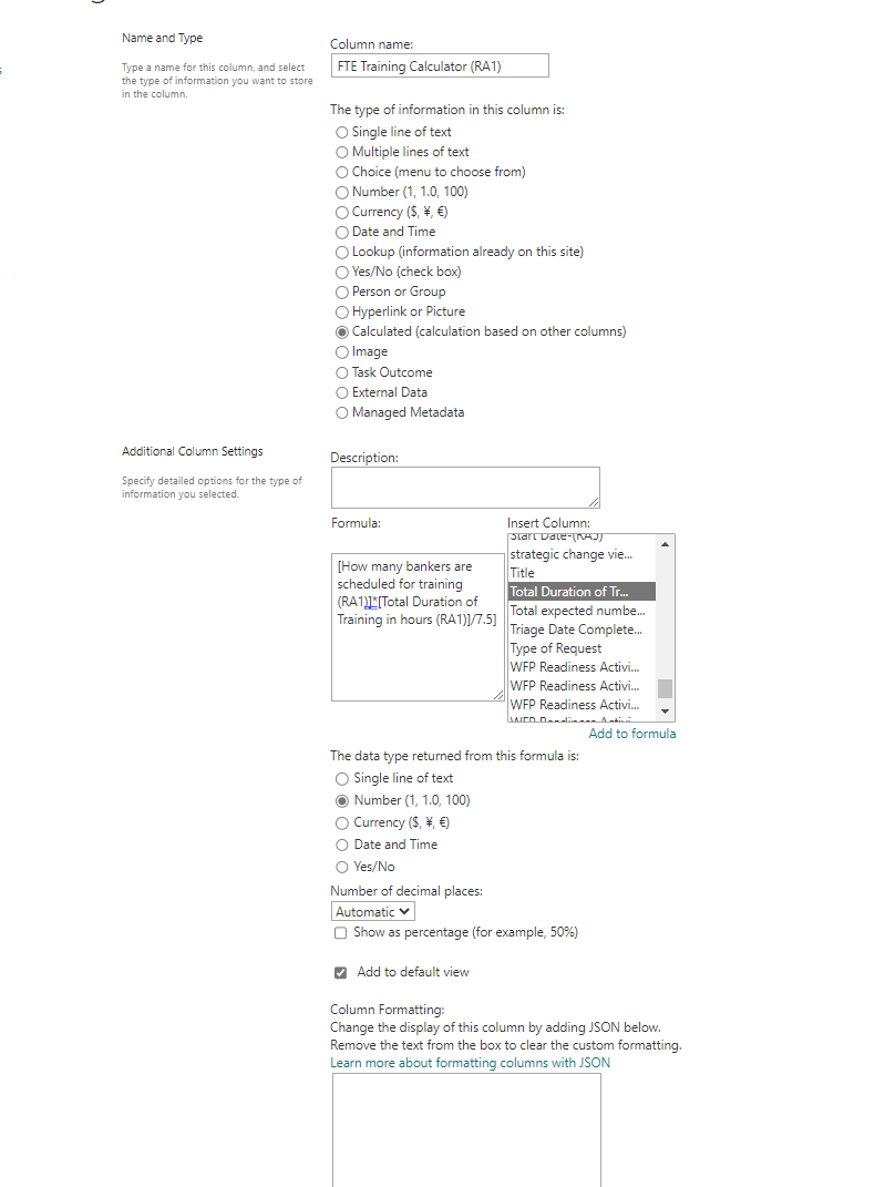 SharePoint List-Require a calculated column to multiple off 2 columns then divide by 7.5 to work ...
