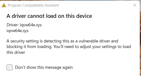 Cannot load driver iqvw64e.sys - Microsoft Q&A