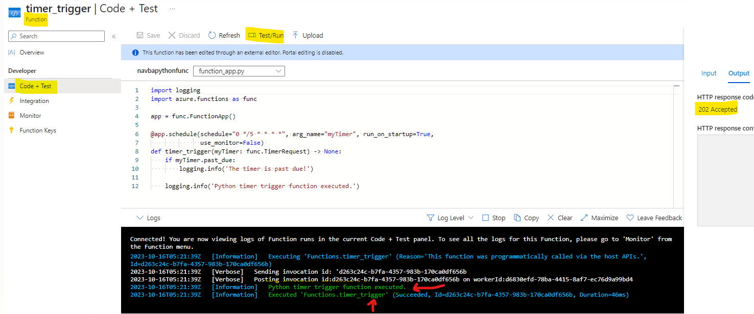 Call To Provided Azure Function Mytimetestingfunction Failed With Status Notfound While