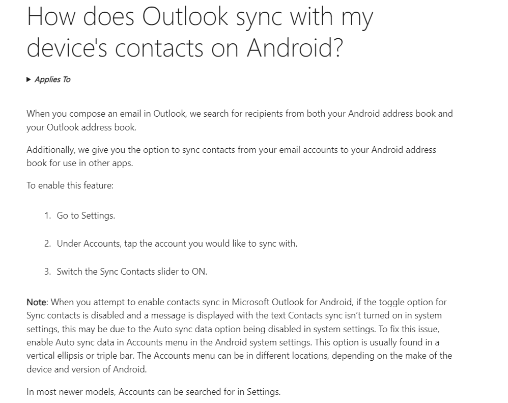 sync android outlook contacts with android native contacts - Microsoft Q&A