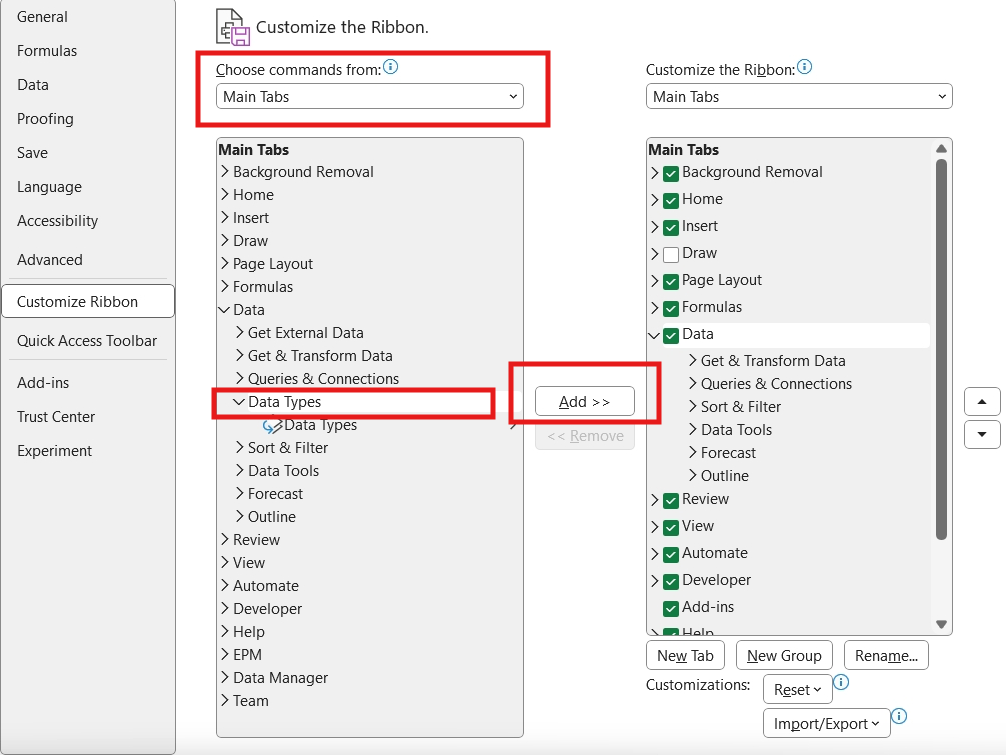My version of Excel does not show Data types under Data, so I can't use "Stocks". How do I get ...