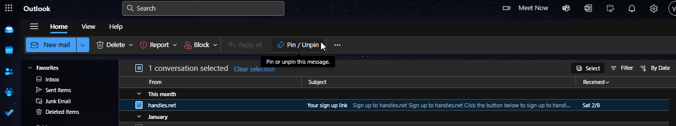 Outlook.com email "home" ribbon missing Pin / Unpin Button both on the ...