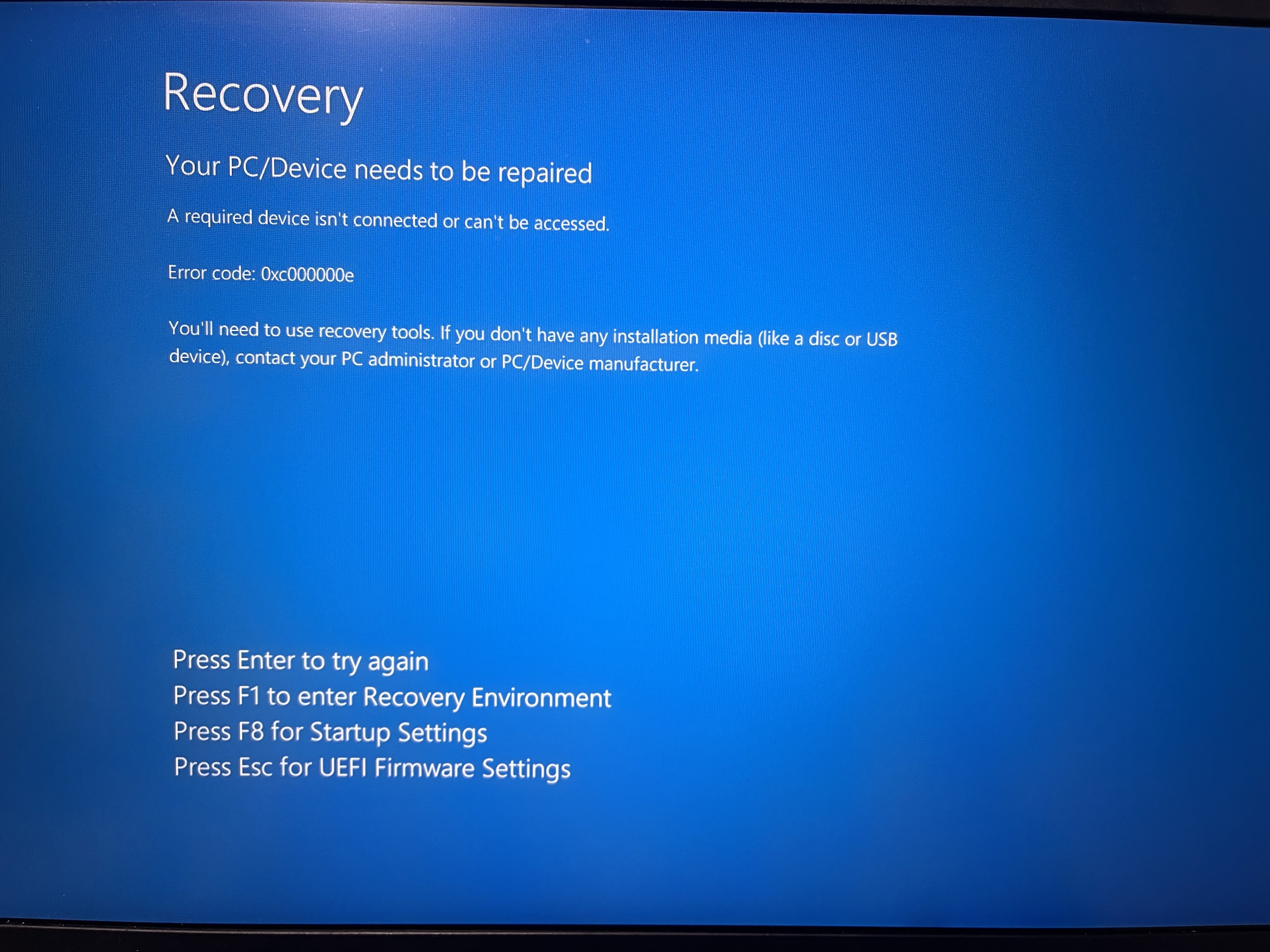 Device went into Recovery mode; error code: 0xc000000e - Microsoft Q&A