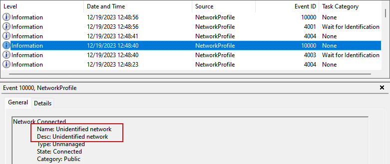 "Unidentified Network" Connected to Computer in Event Viewer > Network ...
