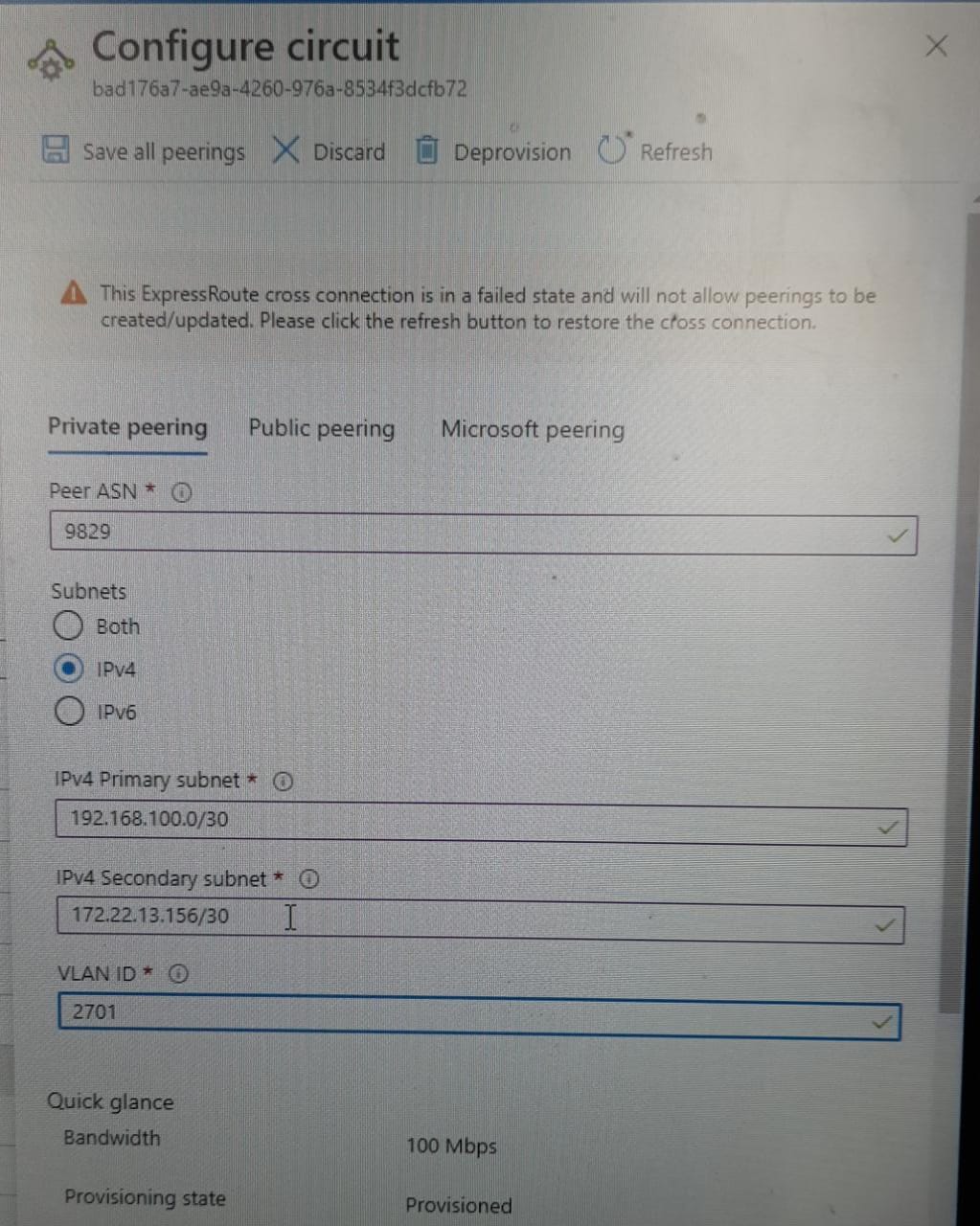 Not able to save private peering details while provisioning an ...