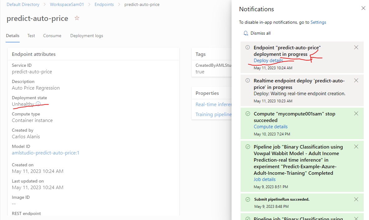 Issues for implementing a real-time inference pipeline! The DEPLOY button does nothing ...