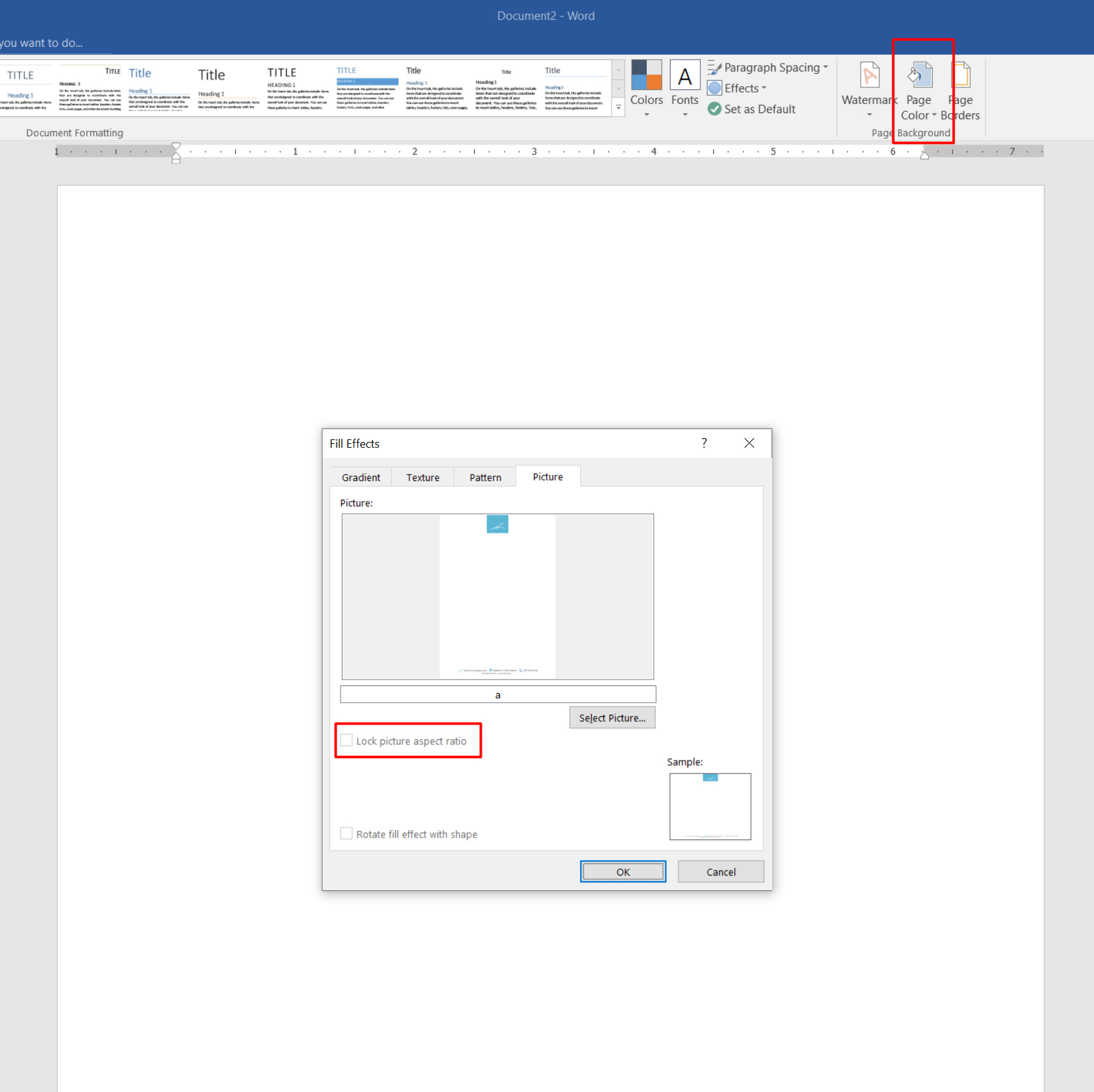 How to lock picture aspect ratio for page color on Design tab ...
