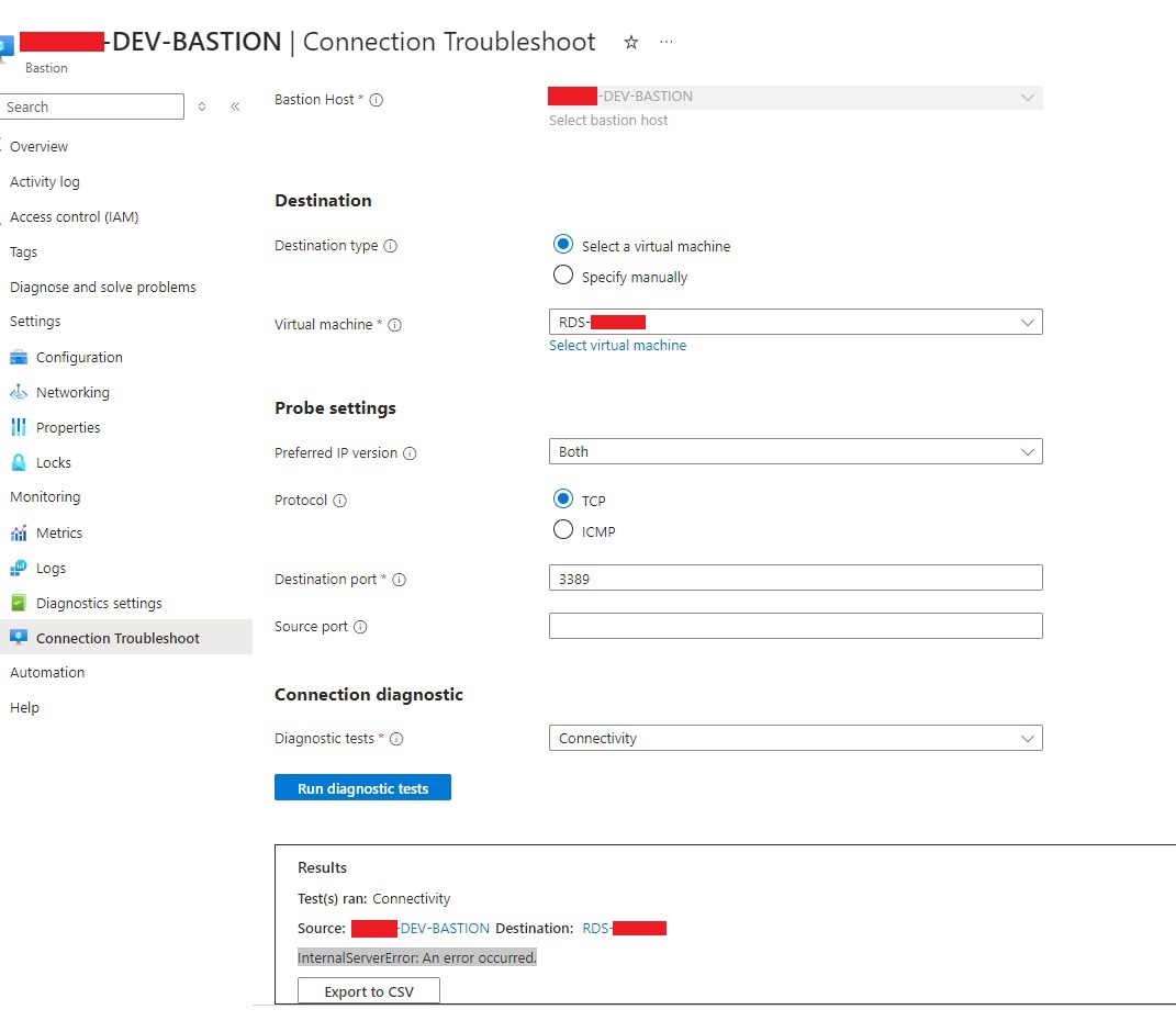 Receive "There was an error creating a session" when using Bastion Developer tier to connect to ...
