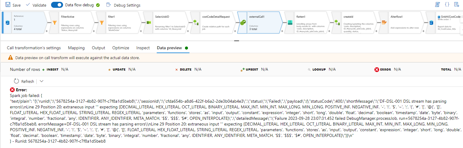 Successful pipeline runs but failure when using data preview/debug due ...