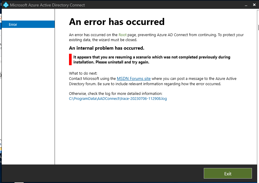 Azure AD Connect - Cannot install after uninstallation - Microsoft Q&A