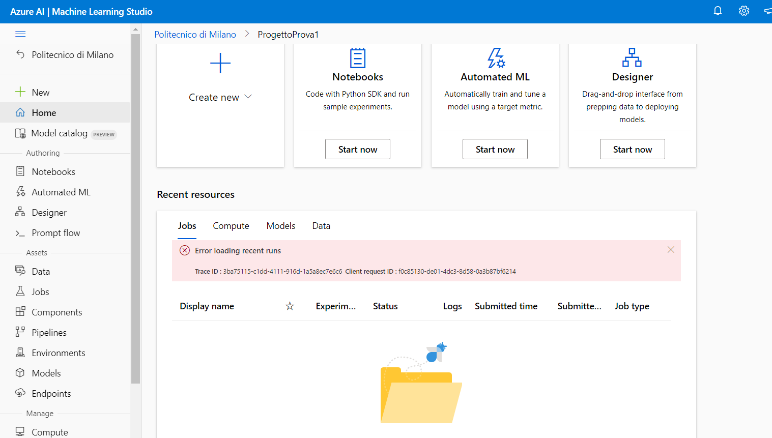 Azure Machine Learning Studio: Errors with data assets and loading runs ...