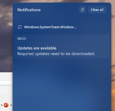 Windows update notification shows "Windows.SystemToast.WindowsUpdate ...