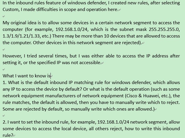 How does Windows defender Firewall whitelist certain IP inbound addresses in a network segment ...