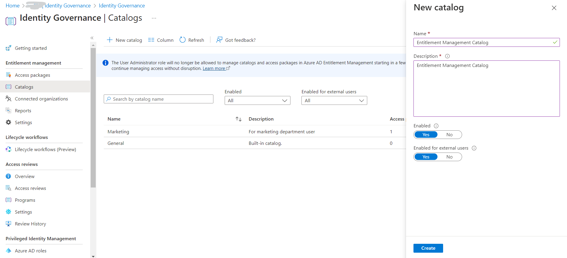 Unable to create an Entitlement Management Catalog in Azure AD ...