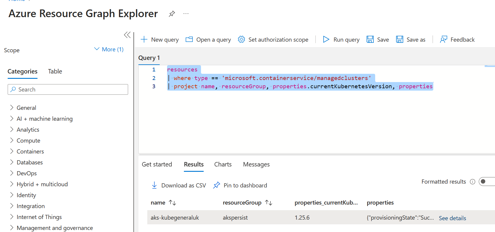 i want to fetch all AKS clusters in subscription and all its properties ...