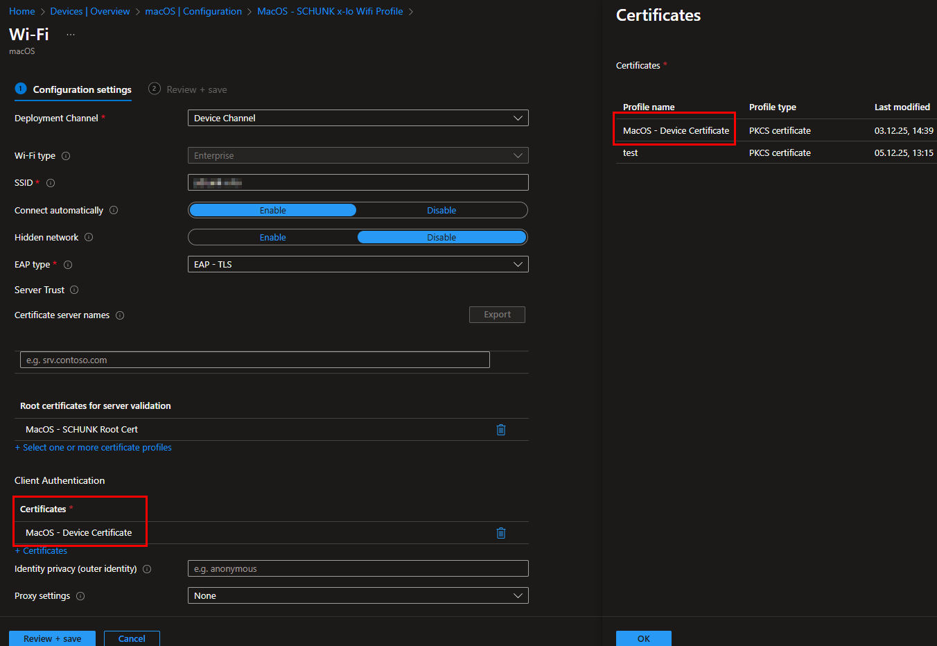 Cannot use PKCS Cert Profile for Wired network profile (MacOS) in ...