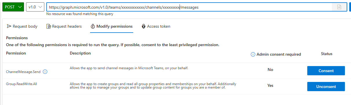I am trying to access microsoft graph api to send message to a channel in a team. I am using ...