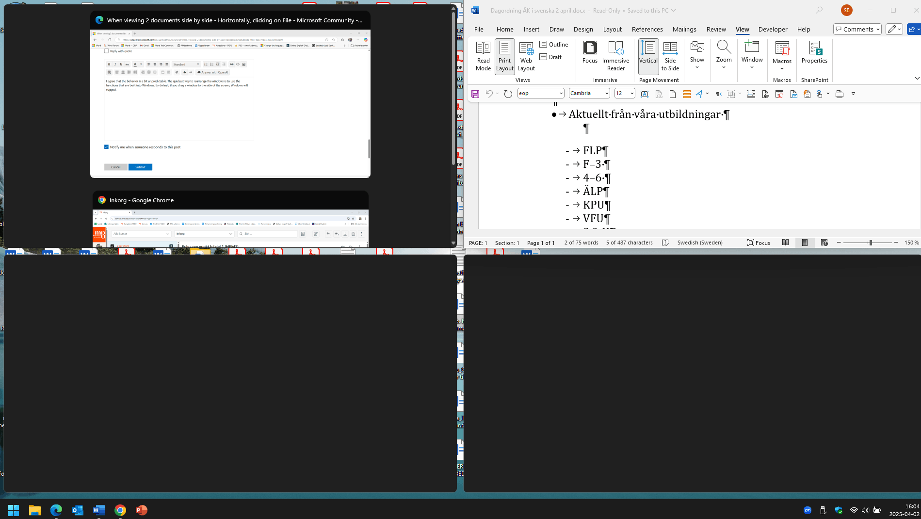 When viewing 2 documents side by side - Horizontally, clicking on File menu changes the view to ...