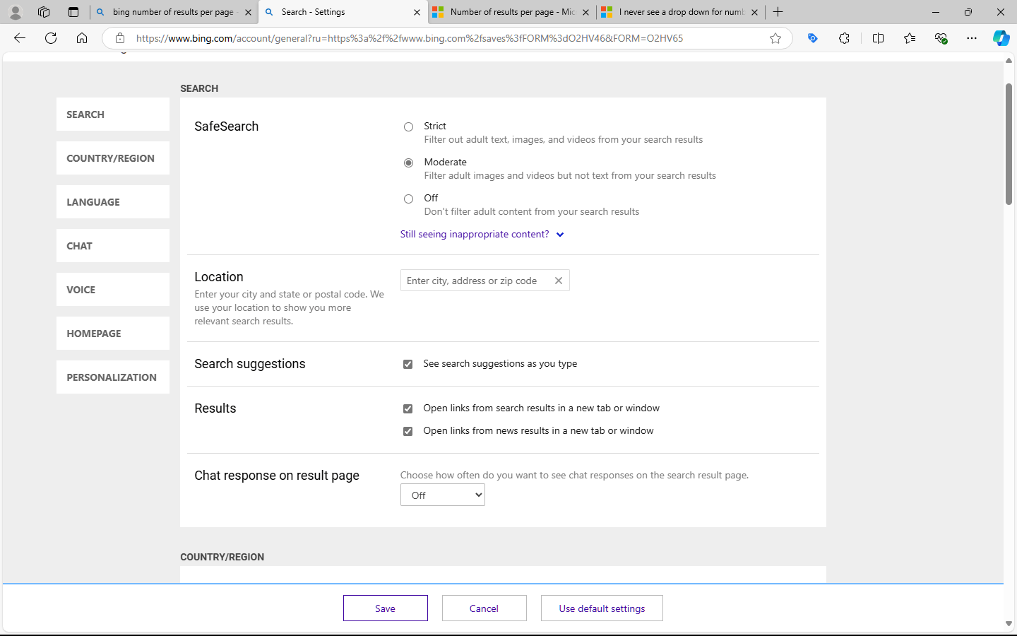 I never see a drop down for number of bing search results, windows 10 ...