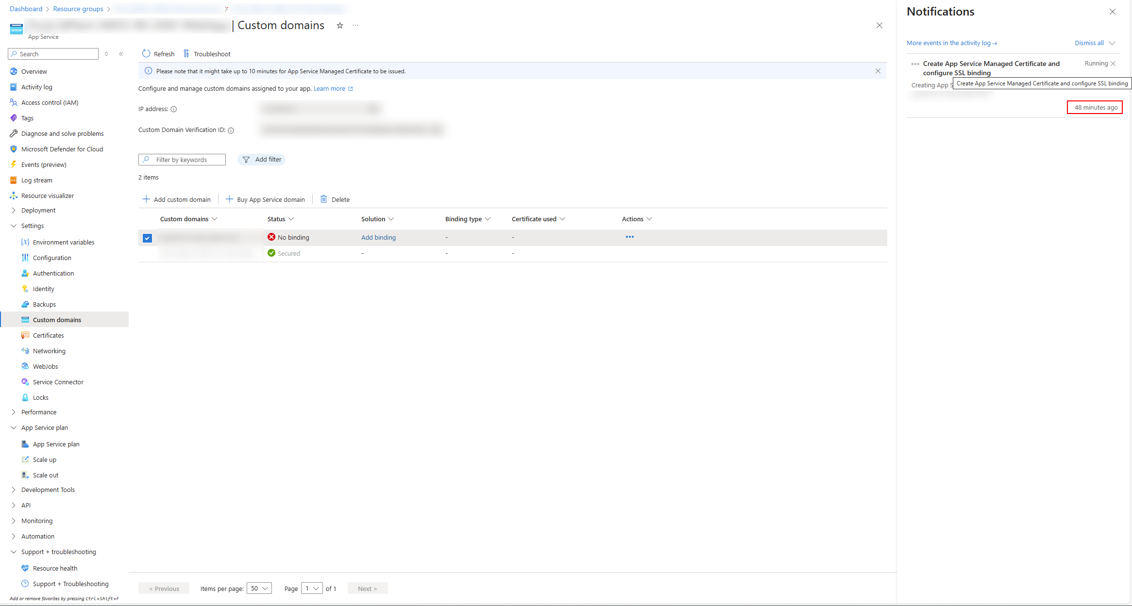 Timeout creating new app service managed certificate - Microsoft Q&A