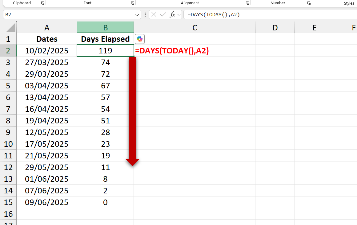 I want to show in cell how many days have passed since date in each ...