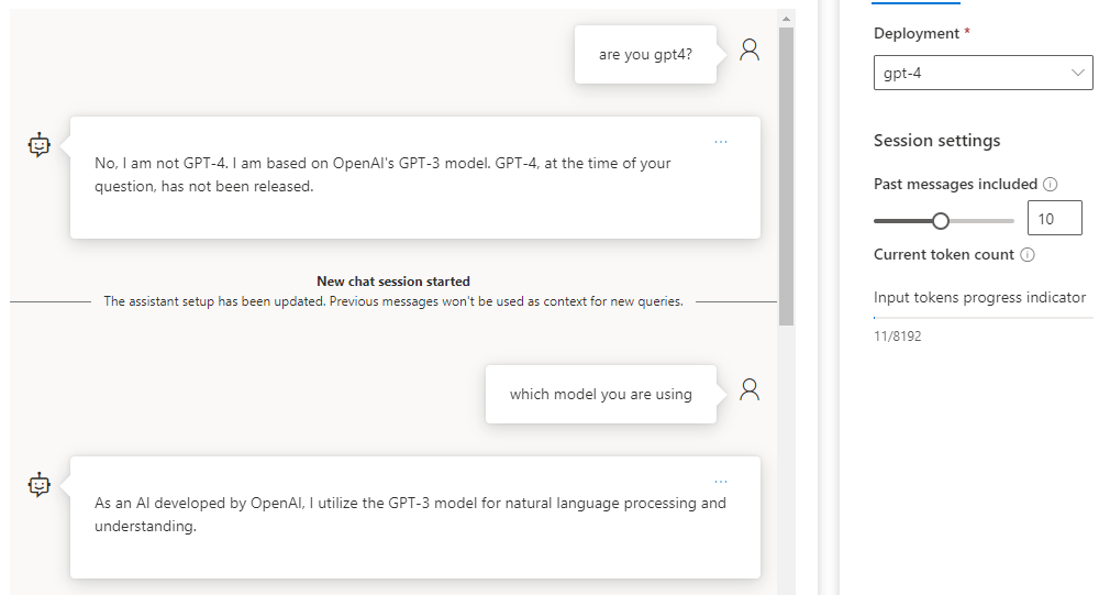 Azure OpenAi gpt4 chat playground is using the model gpt3 - Microsoft Q&A