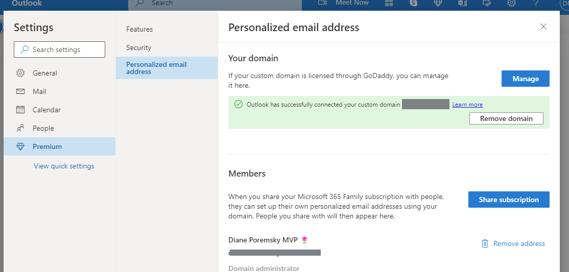 Added a personalised email to Office 365 Family (via GoDaddy). Now only ...
