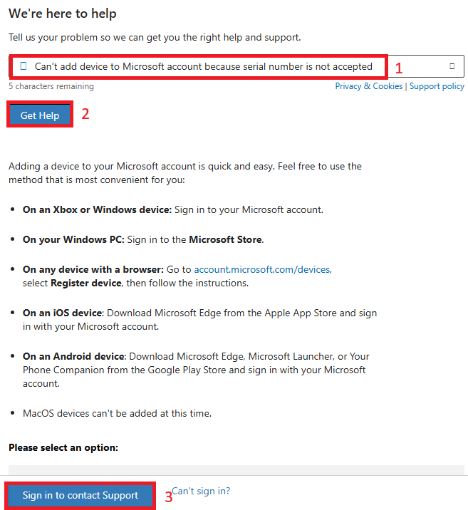 microsoft account will not accept serial number of laptop device ...