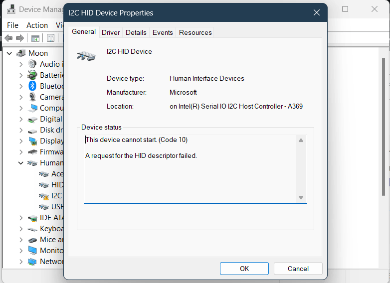 This device cannot start. (Code 10) A request for the HID descriptor ...