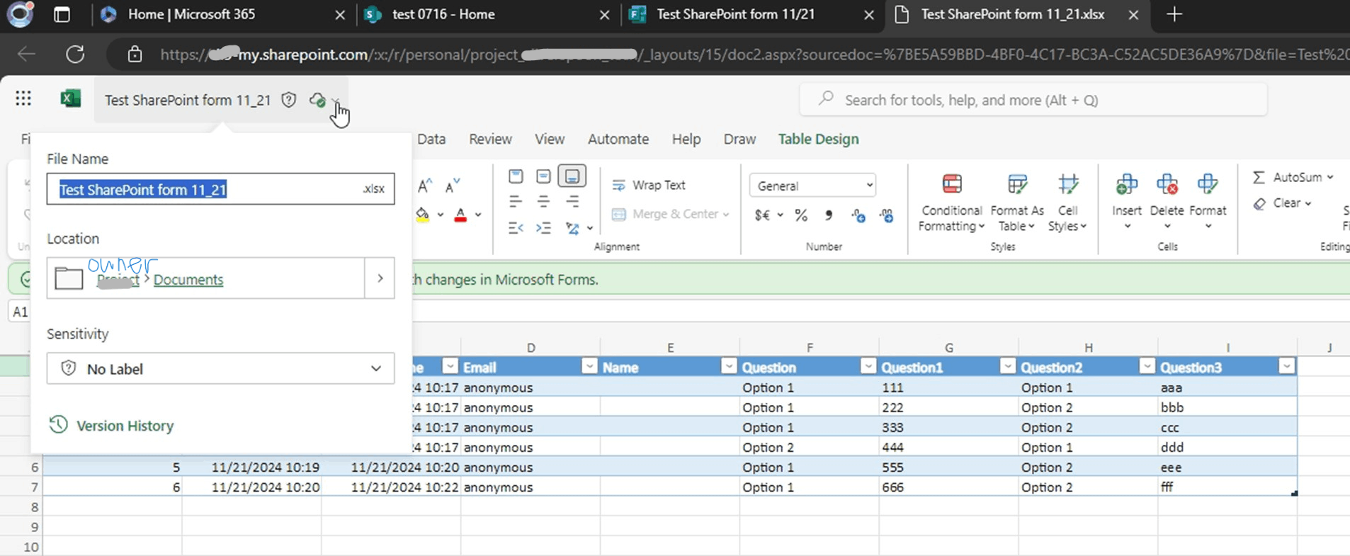 MS form web excel submission syncing issue - Microsoft Q&A