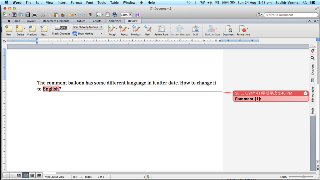 How to change the language of review markup balloon in word 2011 for ...