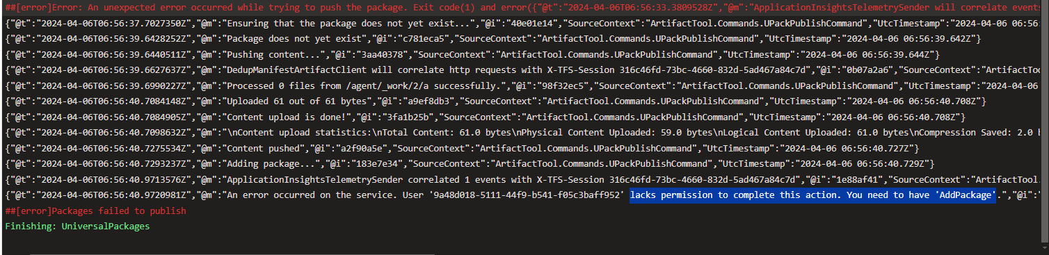lacks permission to complete this action. You need to have 'AddPackage ...