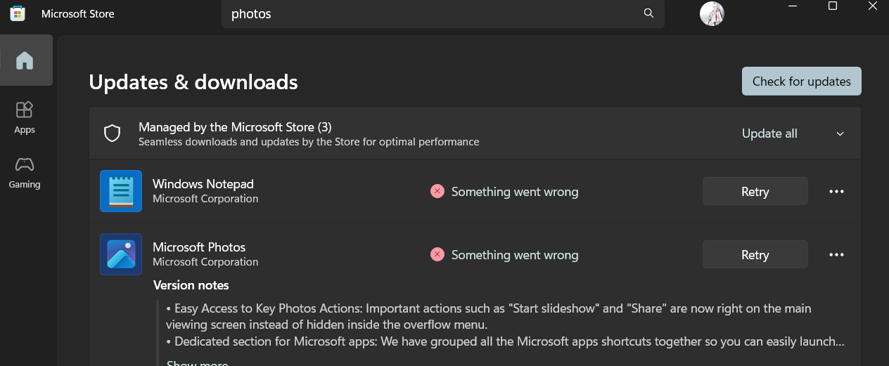 I am not able to install photos and notepad after a system rollback ...