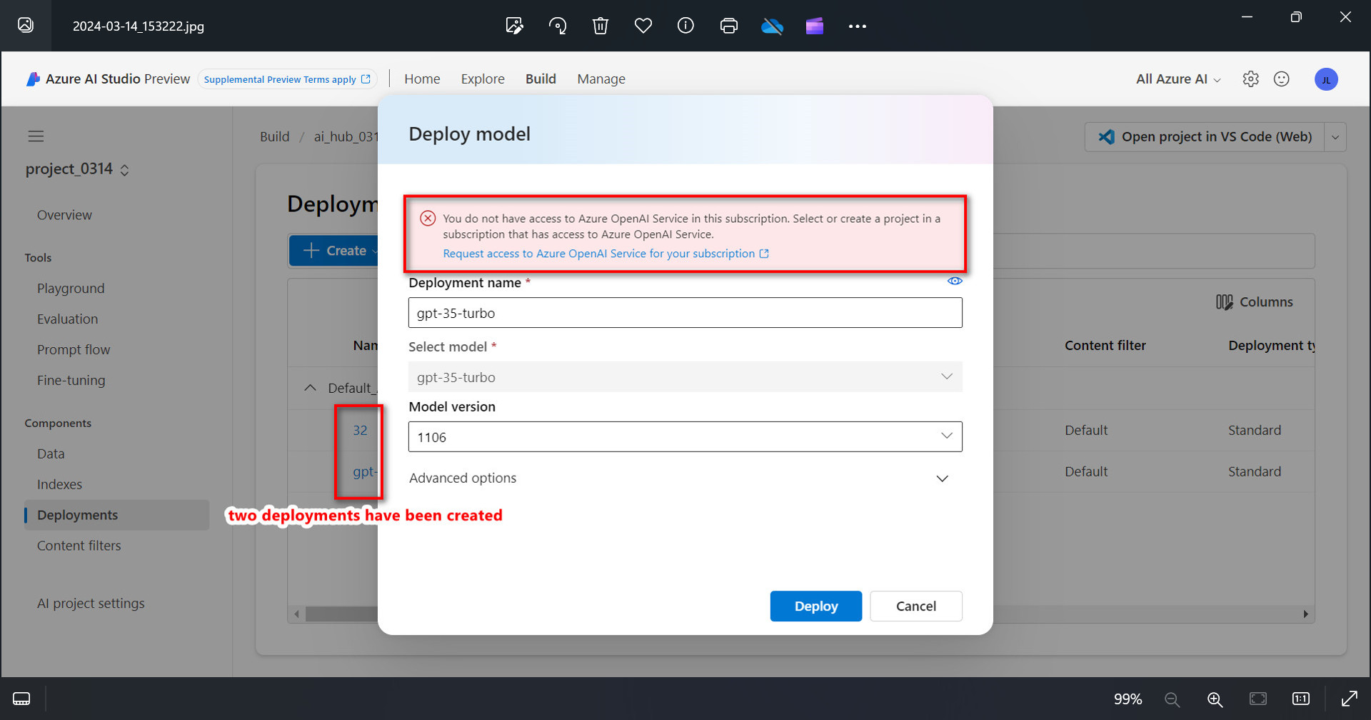 [idea]warning pops up when l create deployment in Azure Al Studio ...
