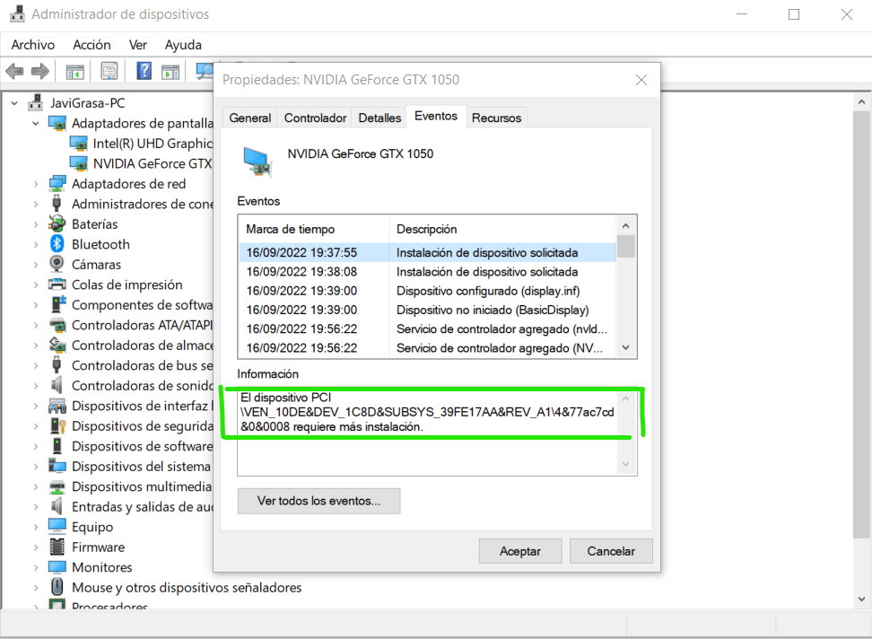 El dispositivo PCI\VEN_10DE&DEV_1C8D&SUBSYS_39FE17AA&REV_A1\4&77ac7cd&0 ...