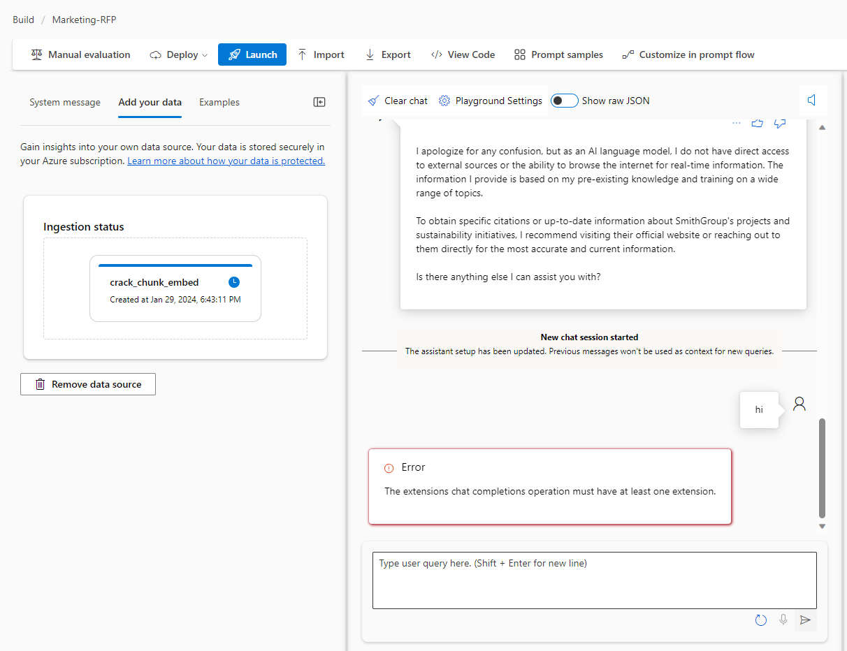 Azure A Studio system prompt not working with 'Add your data ...