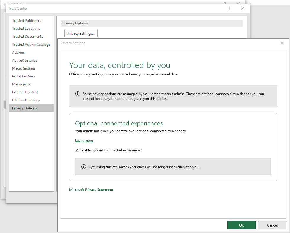 [Excel] Some privacy options are managed by your organization admin ...
