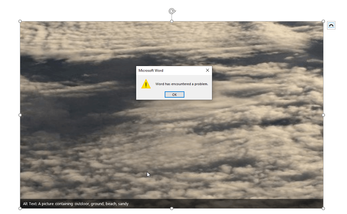 Re-size pictures at Word 2019 returns with message "Word encountered a ...