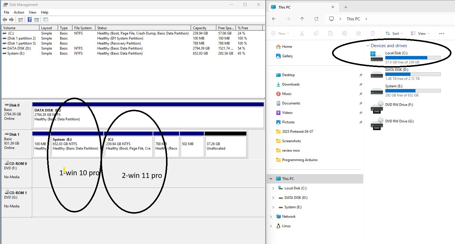 back up the E: (Windows 10) partition, delete it, set it as unallocated ...
