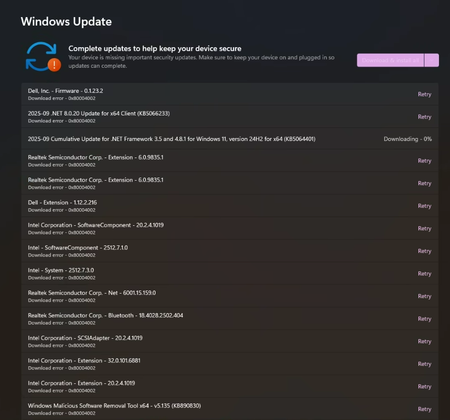 Cannot download Windows Updates. Getting Download error with 0x80004002 ...