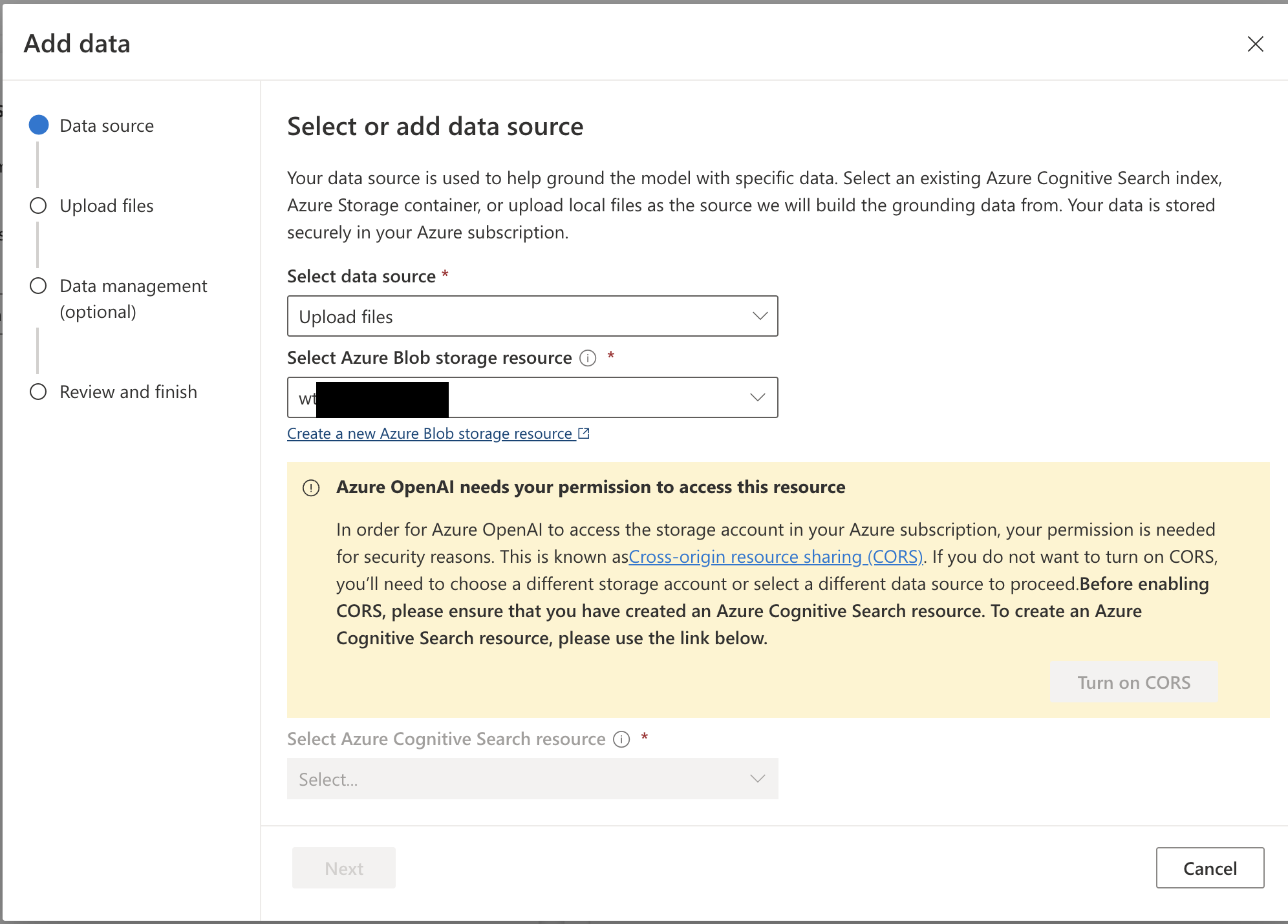Missing Search Cognitive Resource when adding own data - Microsoft Q&A