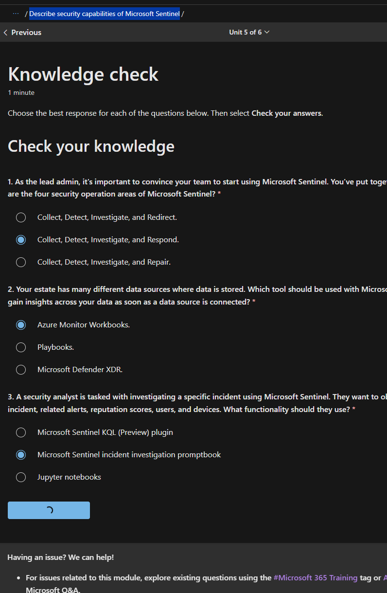 How can i complete the "Describe security capabilities of Microsoft Sentinel" module if the ...