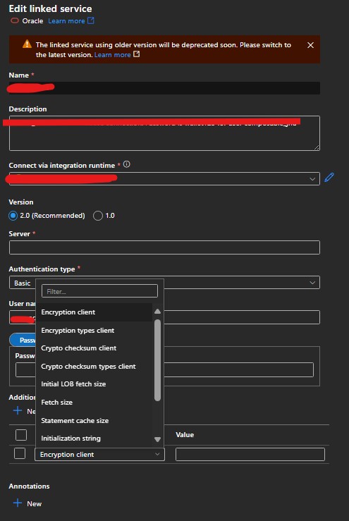 ADF Oracle connection deprecated version 1.0 - Microsoft Q&A