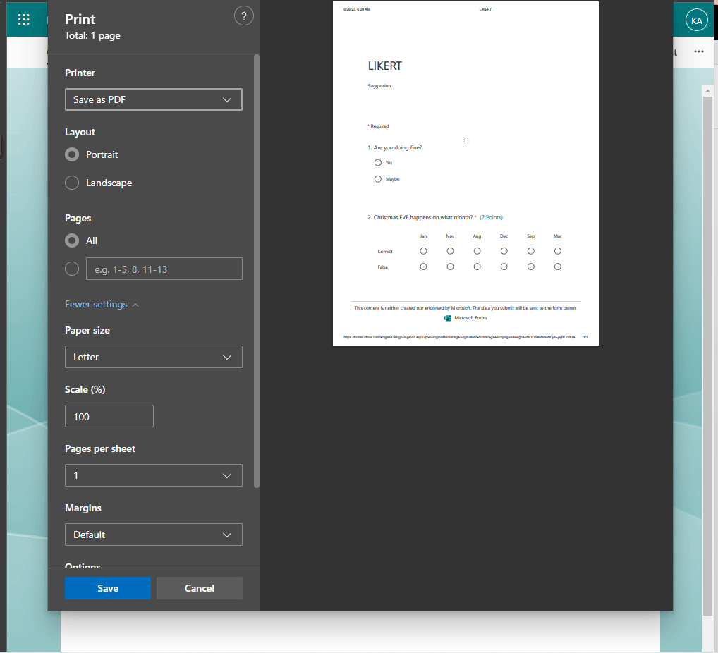 MS form print to pdf creates blank pages and data goes missing in the ...