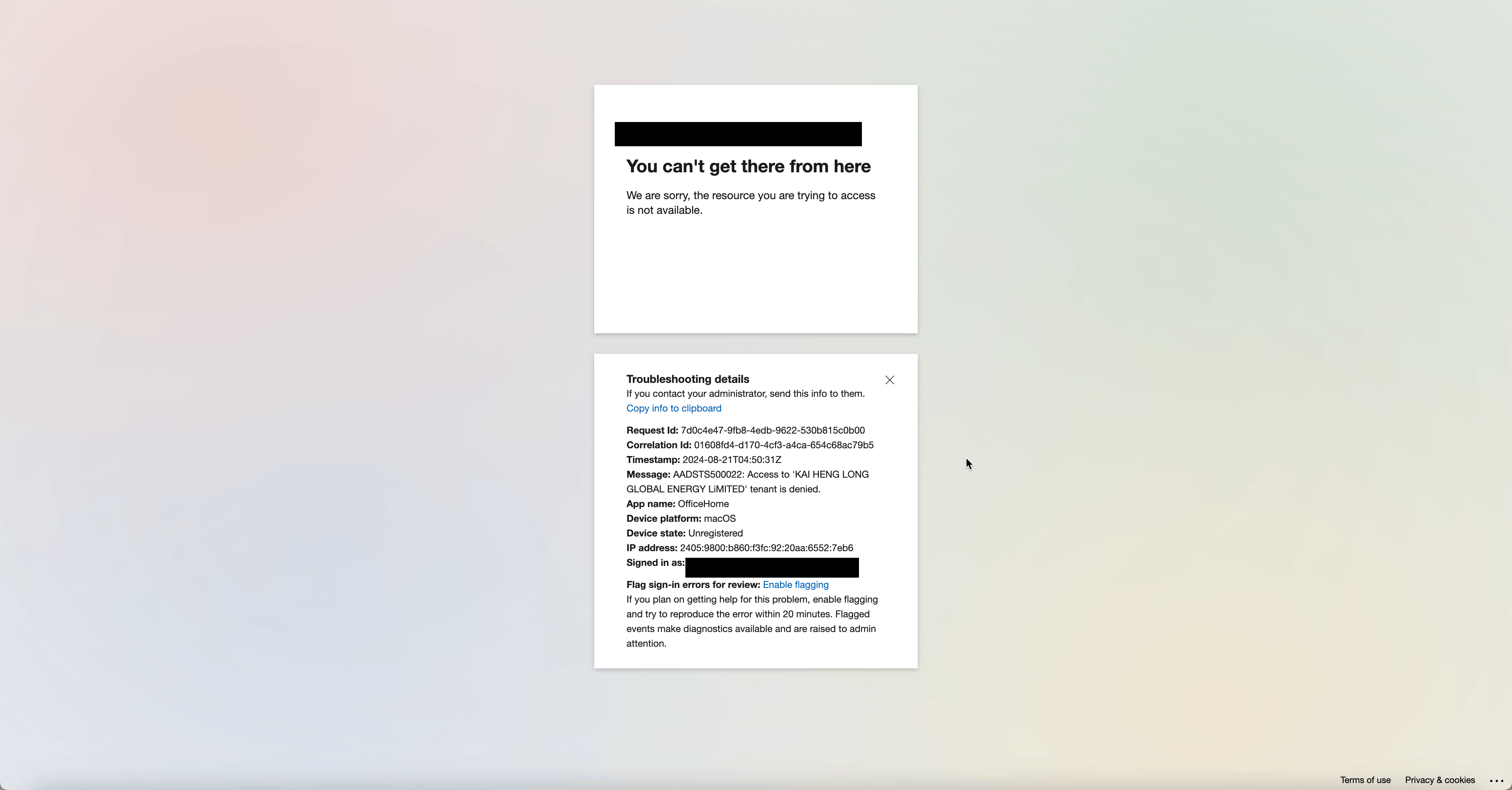 Error Login AADSTS500022: Access to 'XXXXX' tenant is denied - Microsoft Q&A