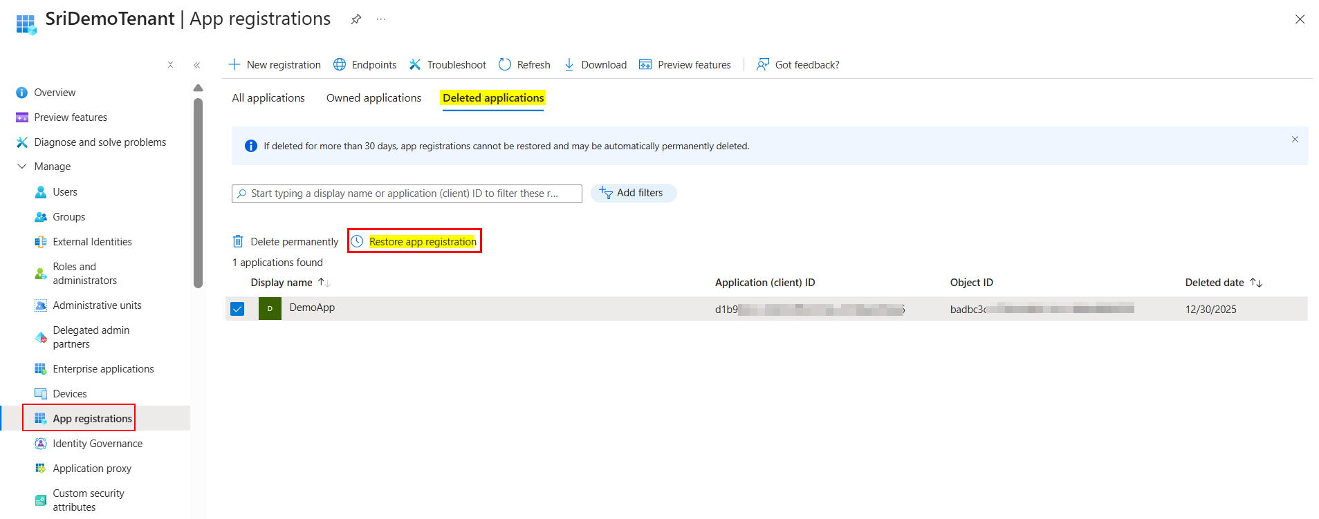Restore deleted Entra ID application with client ID PII removed ...